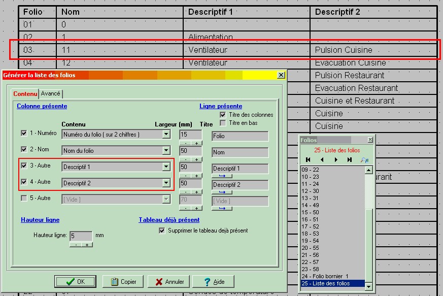 Dialogue Générer la liste des folios